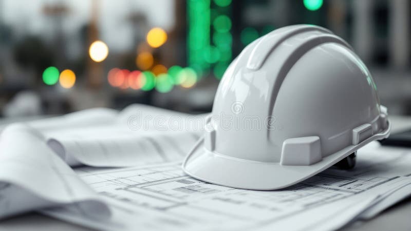 White Hard Hat on Construction Blueprint with Blur Lights in Background ...