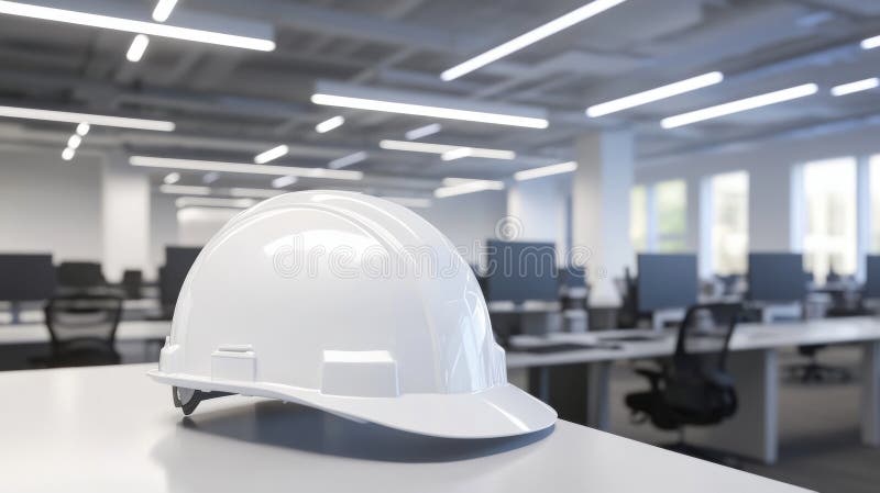 White Hard Hat Placed on a Table in an Office Setting Stock ...