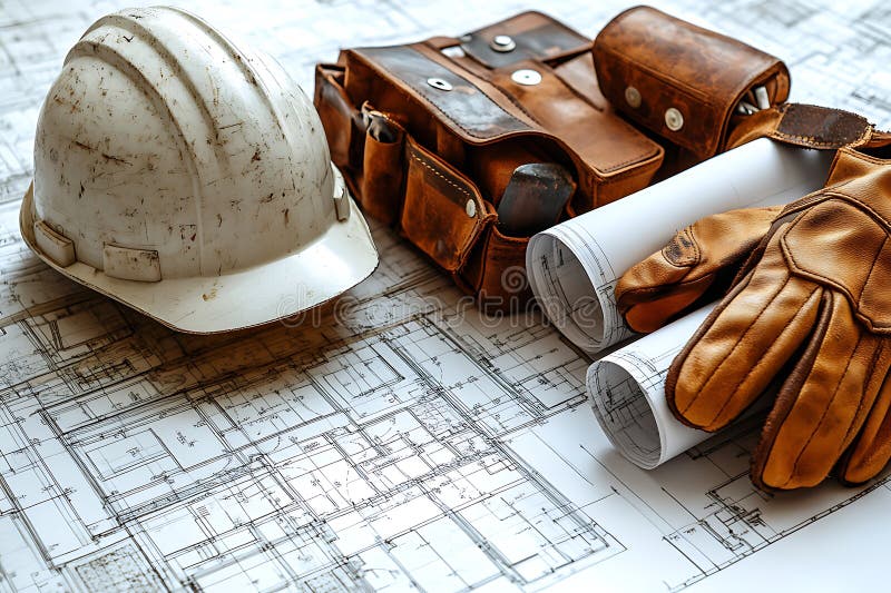 White Hardhat, Leather Tool Belt, Gloves, and Rolled Blueprints on Top ...