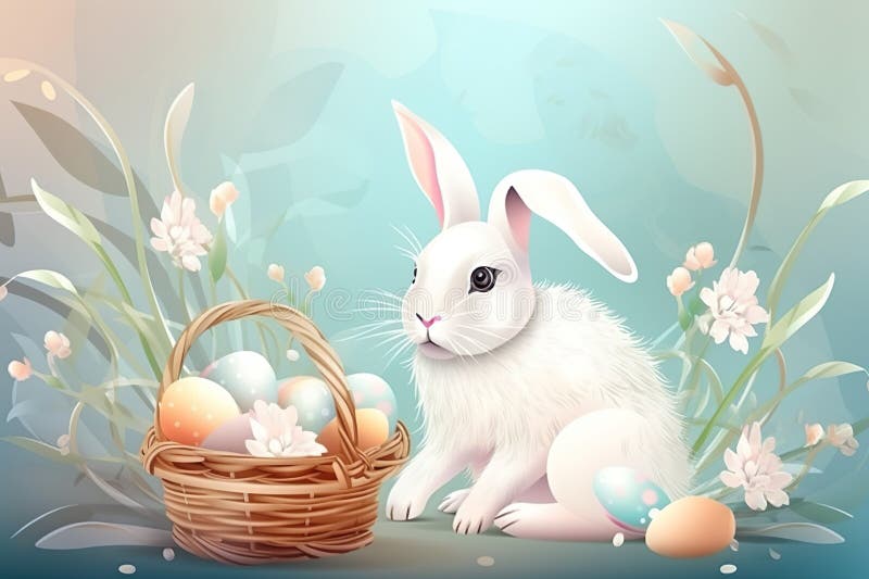 Postcard for Easter. White Easter Bunny and Eggs. Generated by a Stock ...