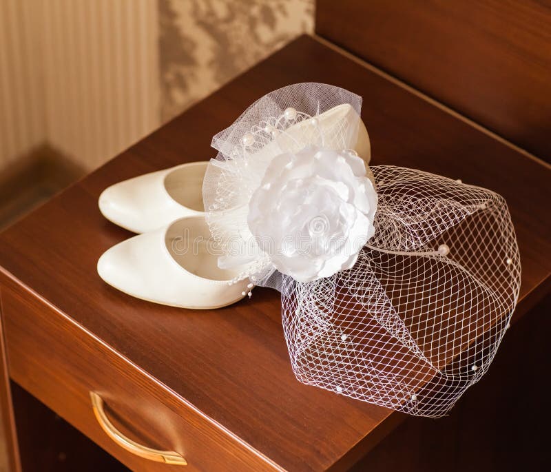 White Hat with Net Veil and Wedding Shoes Stock Photo - Image of adult ...