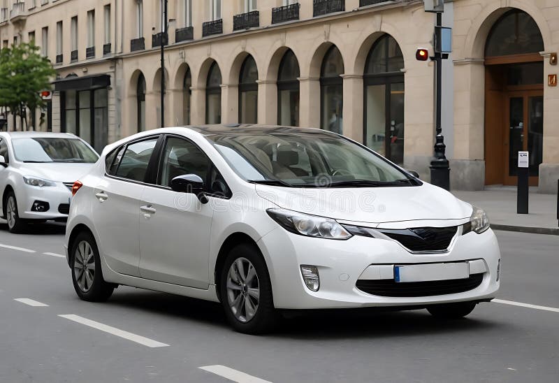 White Hatchback Car on City Street with Classic Architecture. Stock ...