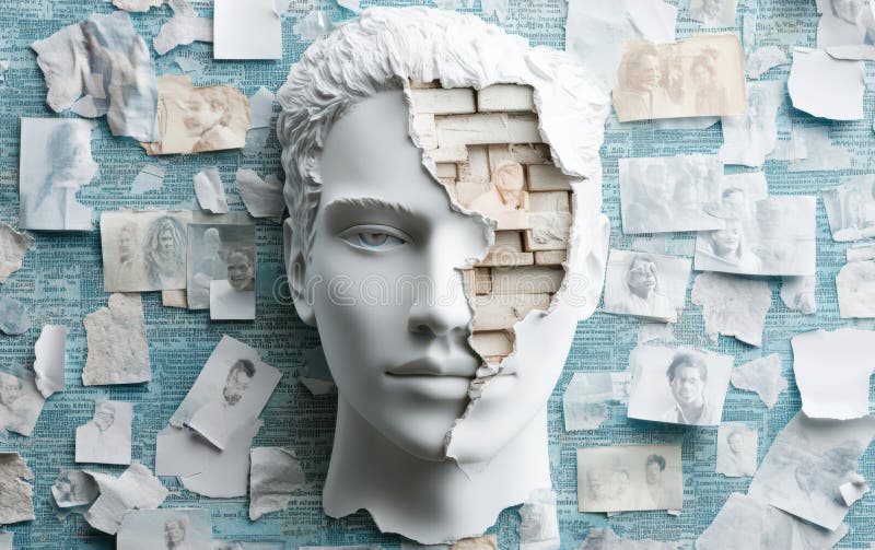 A White Head Adorned with Torn Pieces of Paper Scattered Across Its ...