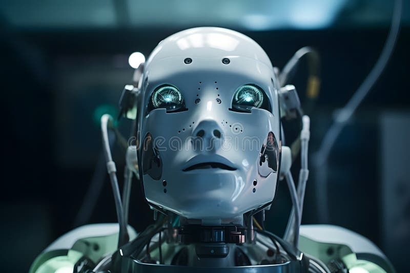 White Head of an Android Robot with Glowing Eyes Closeup. Stock Image ...