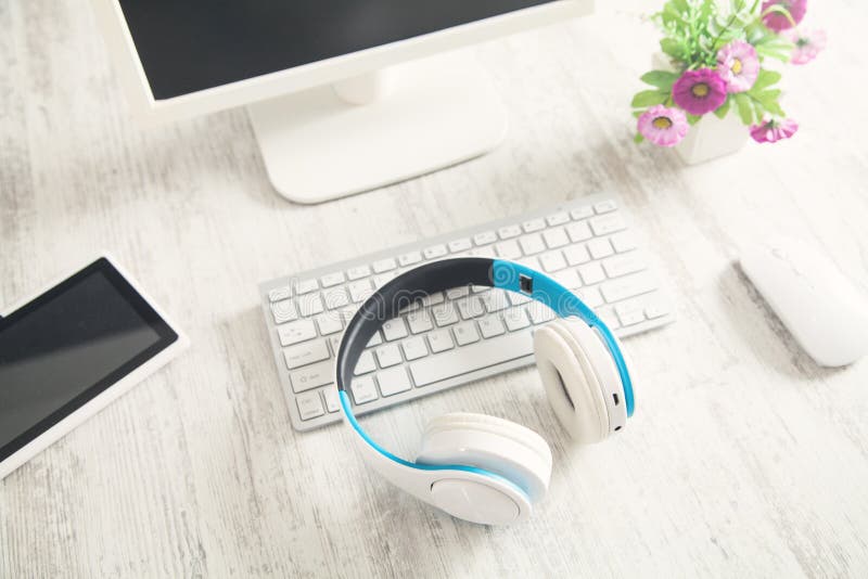 White Headphones with a Computer. Business Desk Stock Image - Image of ...