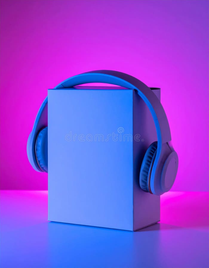 White Headphones on a Light Blue Box Under Neon Pink and Blue Lighting ...