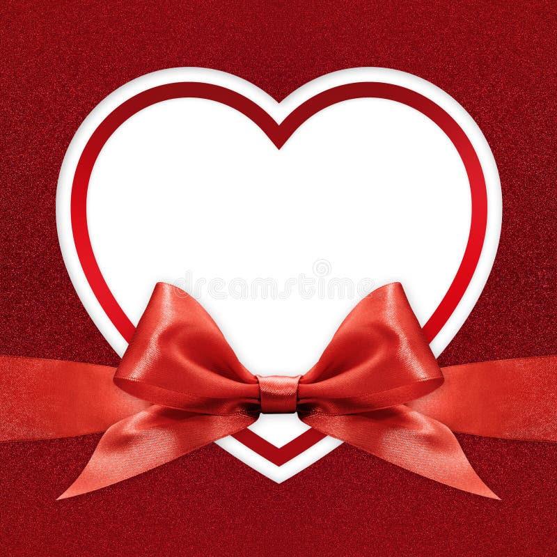 White Heart Border Frame with Red Ribbon Bow on Red Stock Image - Image ...