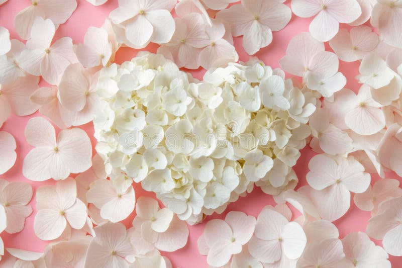 White Heart Shaped Hydrangea Petals on Soft Pink Floral Background for ...