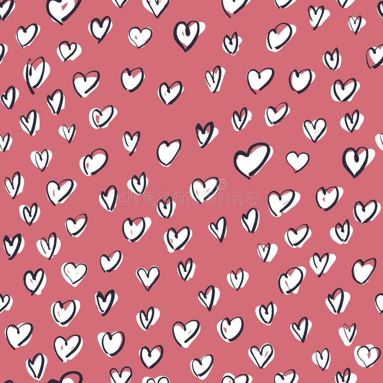 White Hearts on Pink Background. Seamless Hand Drawn Pattern Stock ...