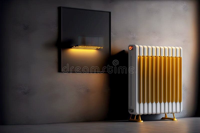 White Heating Radiator with Regurator Control Panel Oosite Grey Wall ...