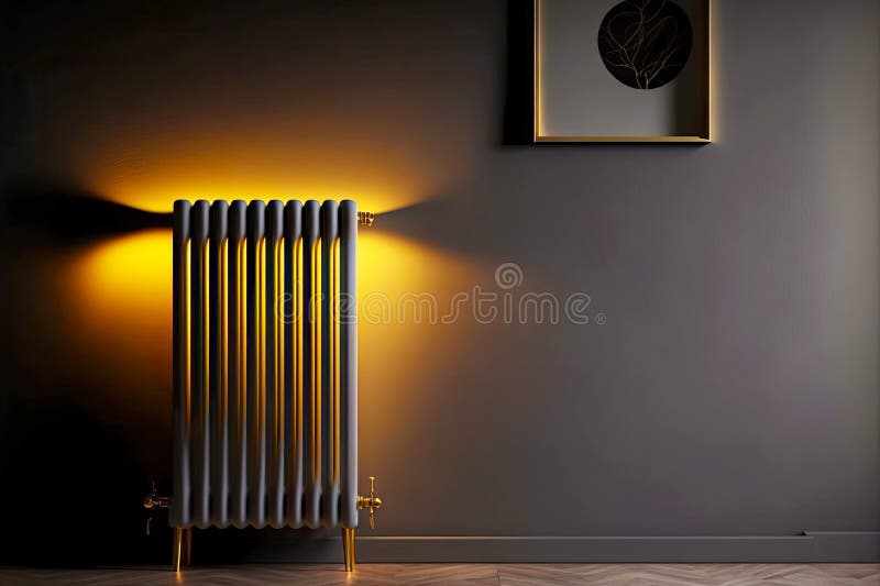 White Heating Radiator with Regurator Control Panel Oosite Grey Wall ...