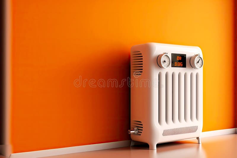 White Heating Radiator with Temperature Controller Near Orange Wall ...