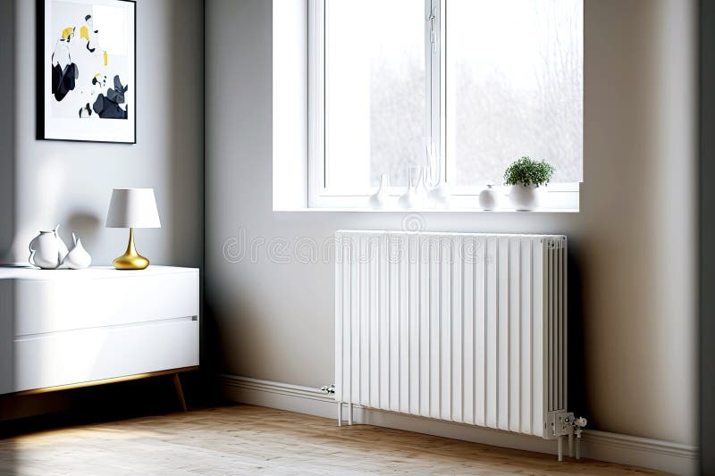 White Heating Radiator with Temperature Controller in Room Stock ...