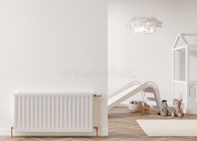 White Heating Radiator on White Wall in Modern Room. Home Interior ...