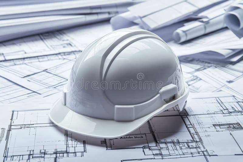 White Helmet on Architectural Blueprints in Construction Setting Stock ...