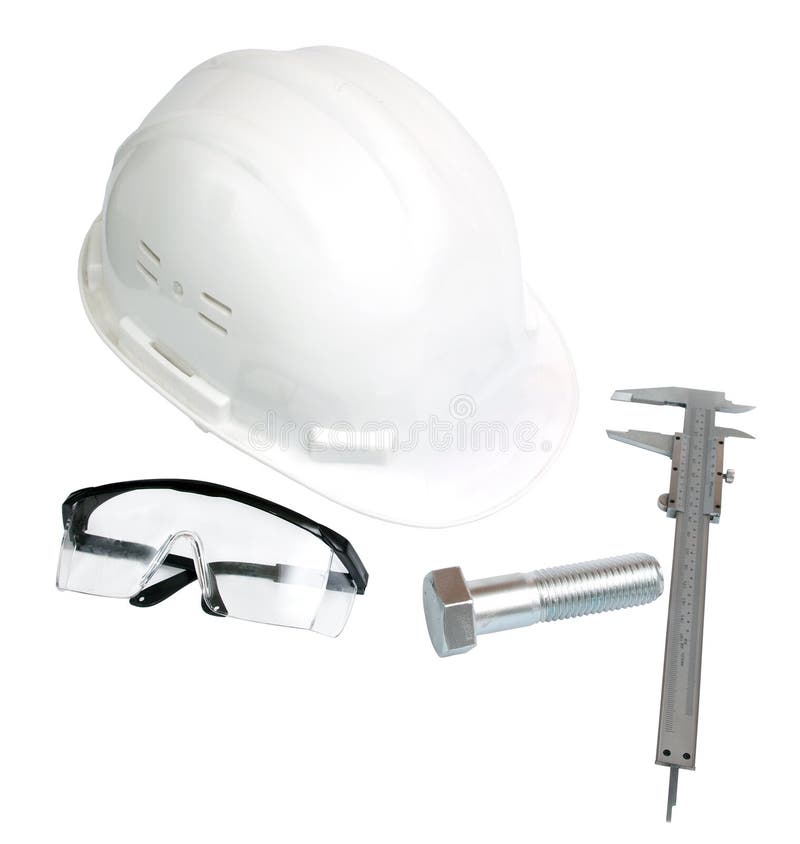 White Helmet, Vernier Caliper, Eye-wear and a Big Bold Stock Photo ...