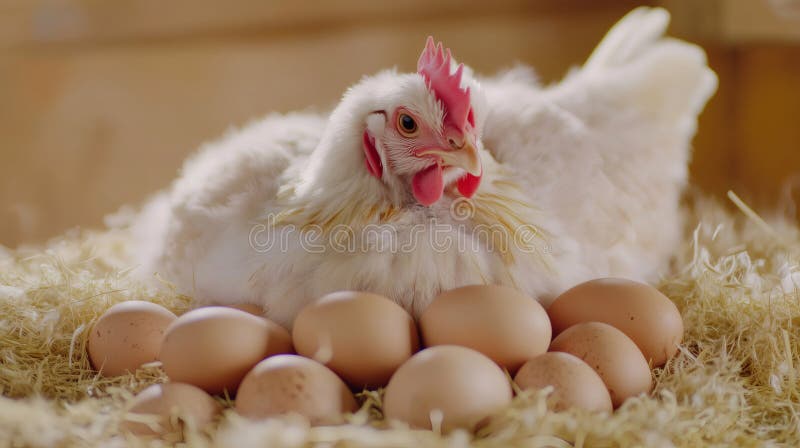 White Hen Brooding Eggs in Straw Nest Inside a Chicken Coop Stock Illustration - Illustration of ...