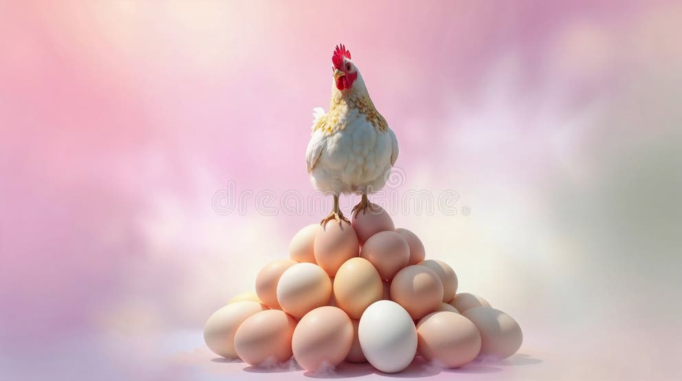 White Hen Perched Atop Perfectly Stacked Egg Pyramid in Minimalist ...