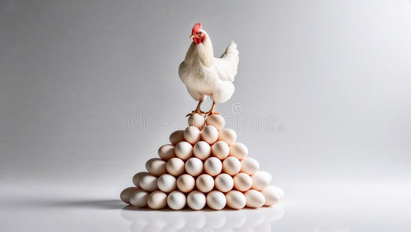 White Hen Perched Atop Perfectly Stacked Egg Pyramid in Minimalist ...