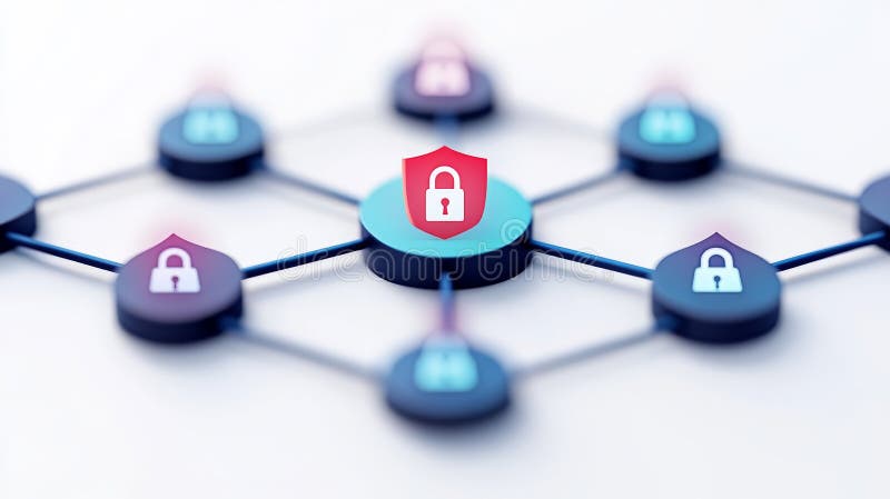 White Hexagonal Grid of Shield Icons with Red Locks, Representing ...