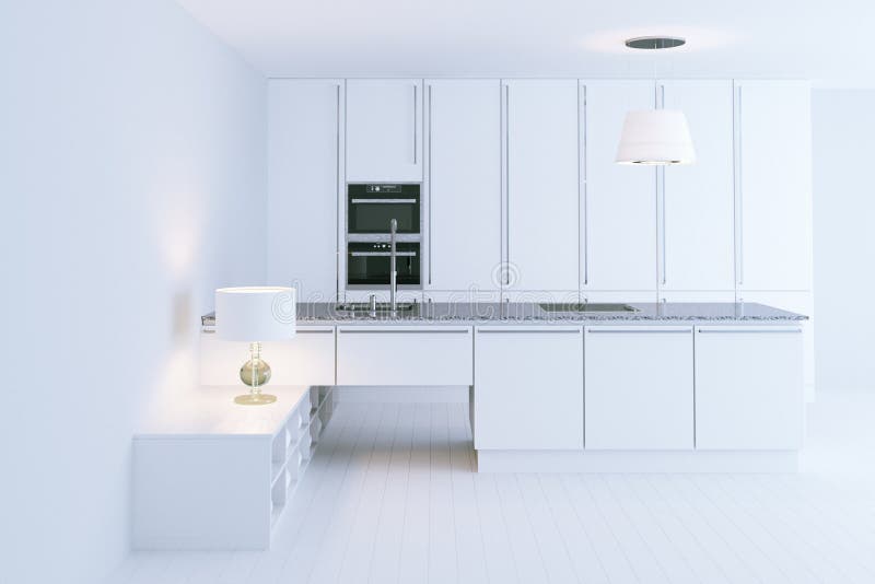White hi-tech kitchen interior design 3d render - Stock Image - Everypixel