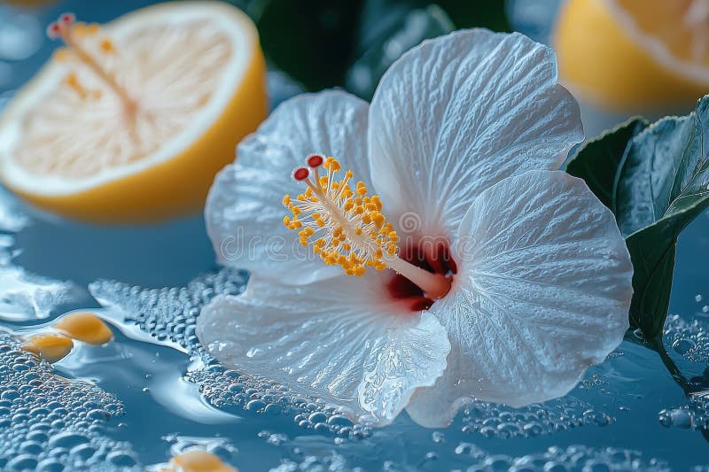 White Hibiscus Flower with Lemon Slices Floating in Sparkling Blue ...