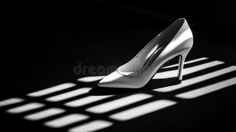 A White High Heel Shoe Sits on a Dark Surface with Light Stripes ...