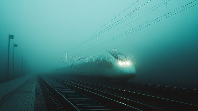 White High-Speed Train Emerging from Fog on Railroad Tracks Stock ...