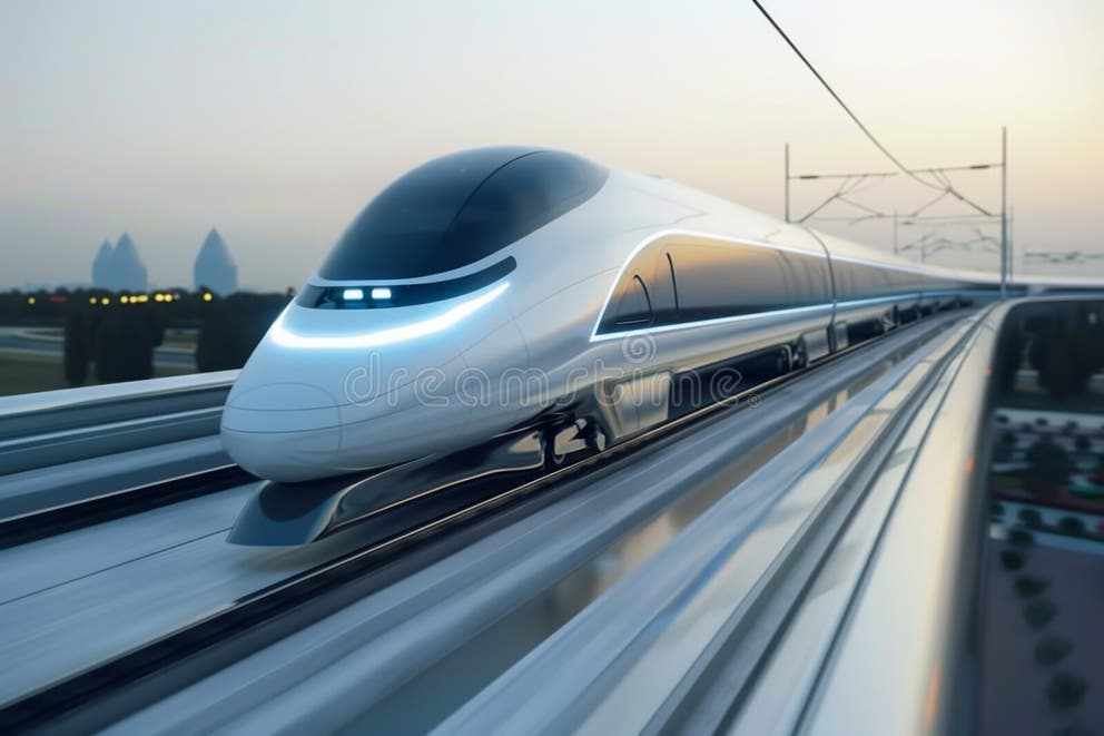 White High-speed Train on Tracks in Morning Light. Stock Image - Image ...