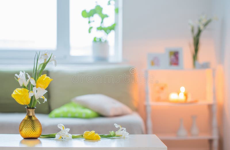 Home Interior with Spring Flowers and Decorations Stock Image - Image ...