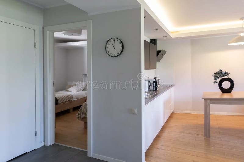 White Home Modern Interior with Open Door Stock Image - Image of table ...