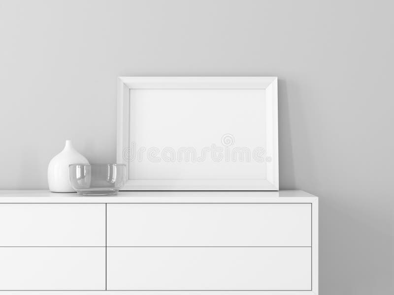 White Horizontal Poster Frame Mockup Close Up on Modern Commode Stock ...