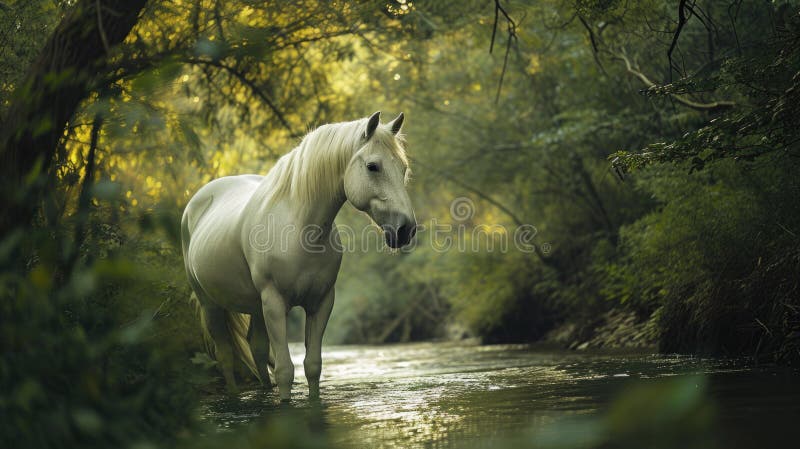 A White Horse Drinks Water from a Forest River Stock Photo - Image of ...