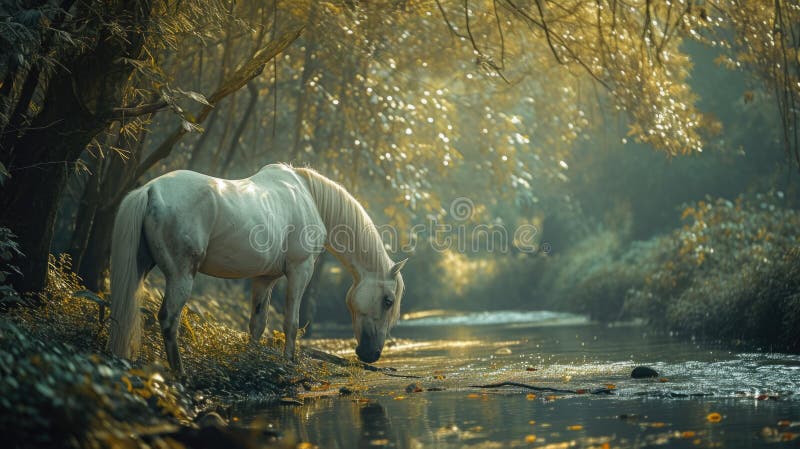 A White Horse Drinks Water from a Forest River Stock Photo - Image of ...