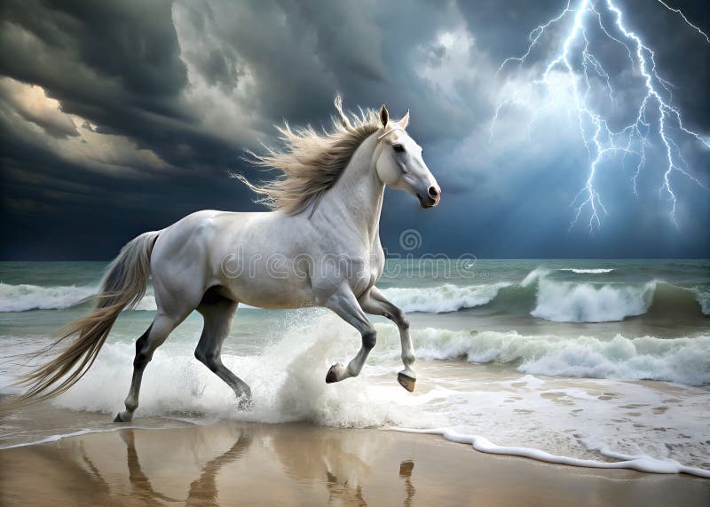 White Horse Running on the Beach in Stormy Weather Stock Illustration ...