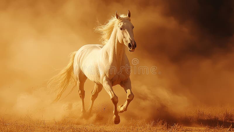 White Horse Running through Dust Cloud Stock Illustration ...