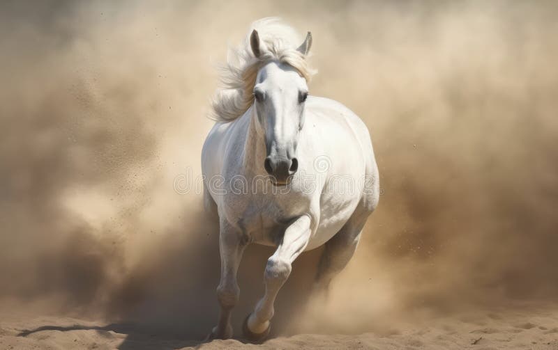 White Horse Running through Dust. Created by Generative Artificial ...