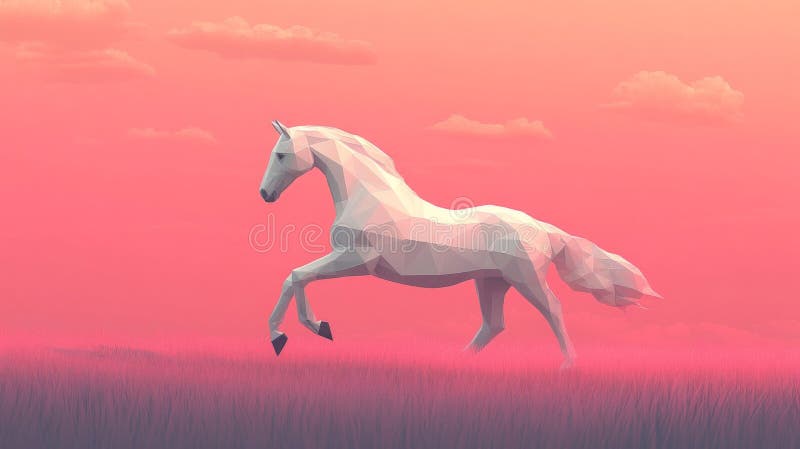 White Horse Running through Pink Field at Sunset Stock Illustration ...