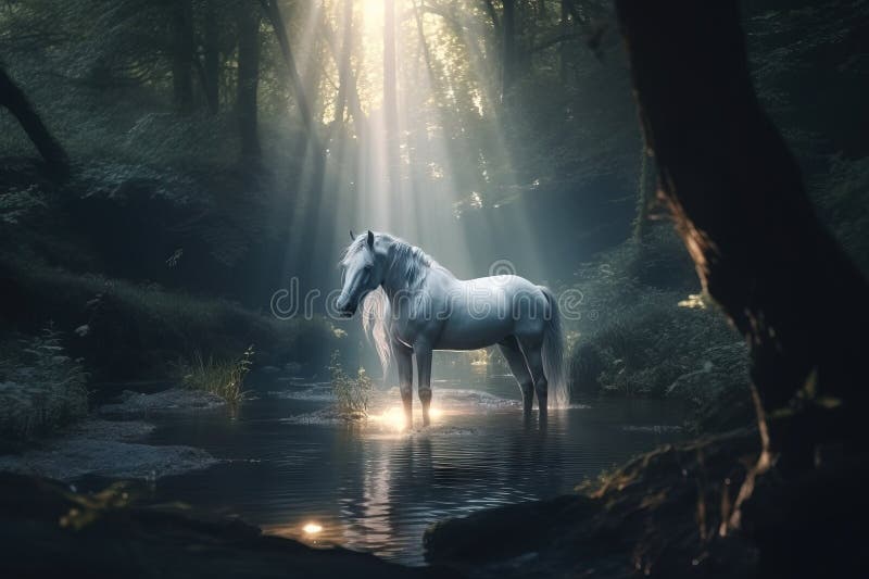 A White Horse Standing in a Stream of Water with Sunlight Streaming ...
