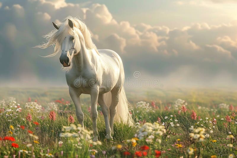 White Horse in Summer Meadow with Flowers Stock Illustration ...
