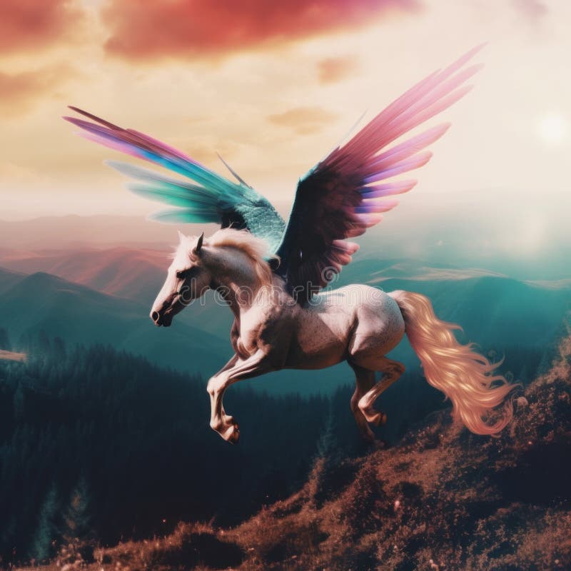 A White Horse with Wings Flying Over a Mountain. Generative AI Image ...