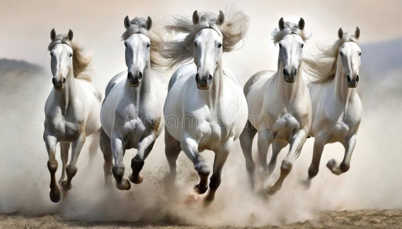 White Horses Galloping Together in a Cloud of Dust. a Dynamic Group of Five White Horses Mid ...