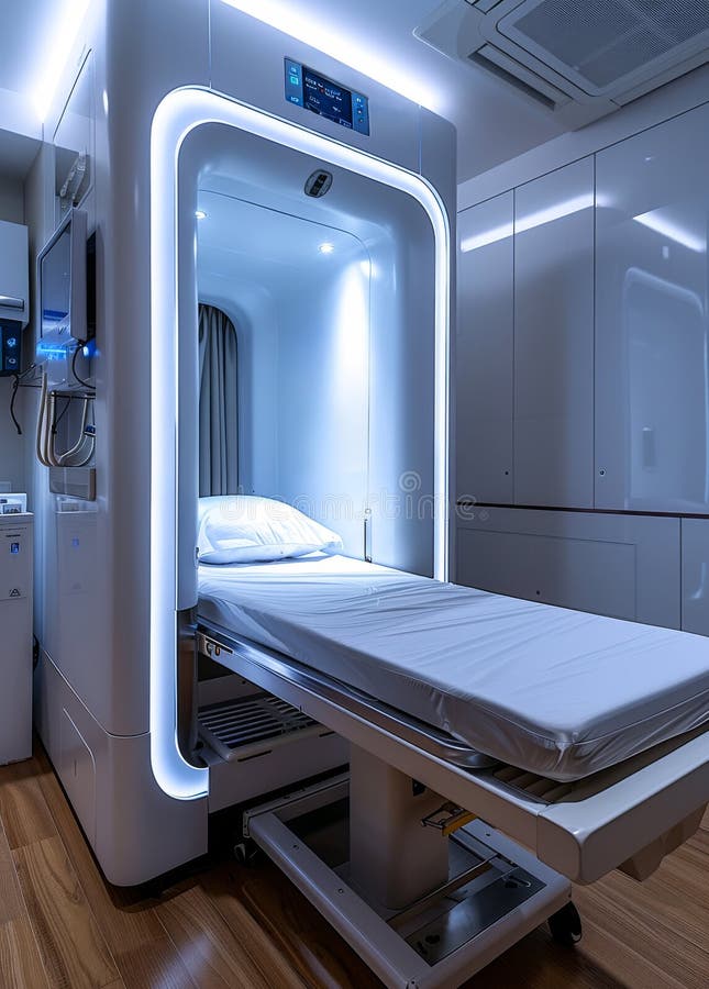 A White Hospital Bed with a White Sheet and a Blue Screen Stock Photo ...