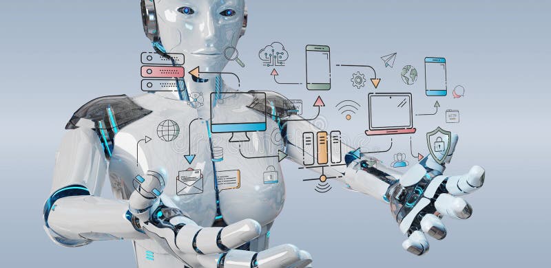 White Humanoid Controlling Modern Devices Interface System Stock ...