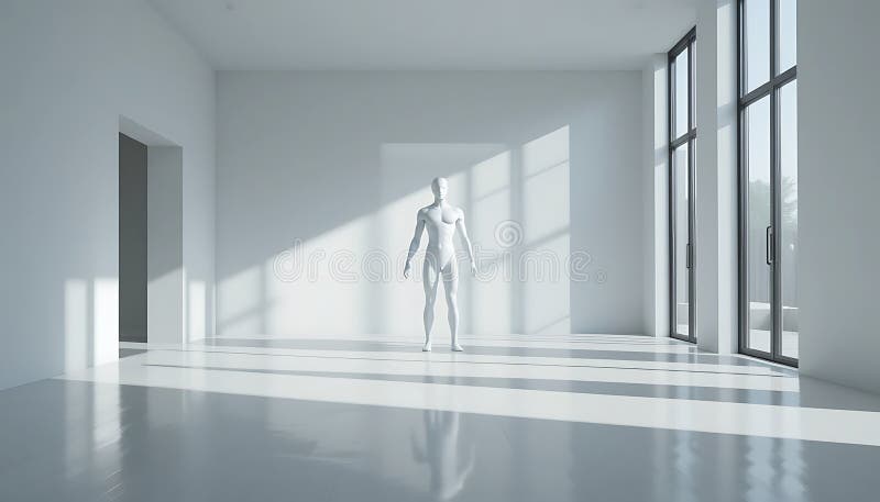 White Humanoid Figure in a Bright, Empty Minimalist Room Illuminated by ...
