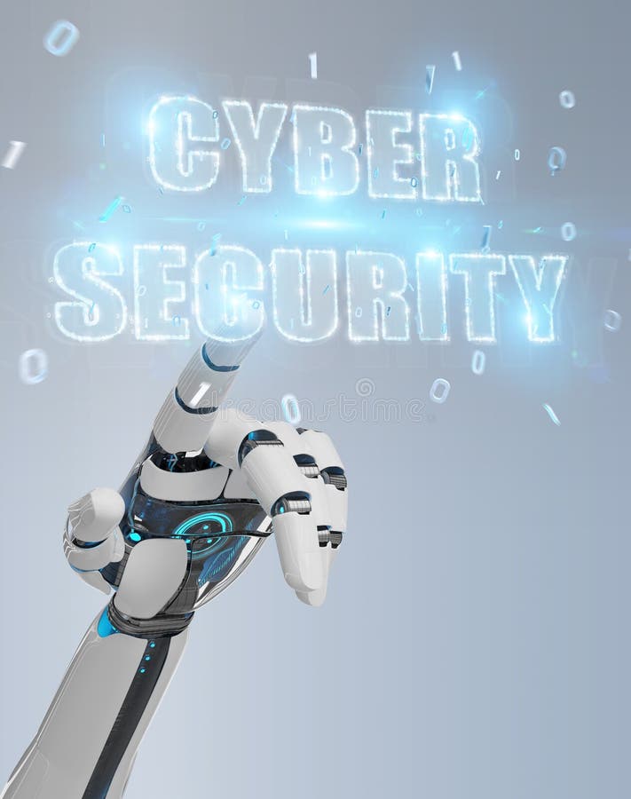 White Humanoid Hand Using Cyber Security Text Hologram 3D Render Stock ...