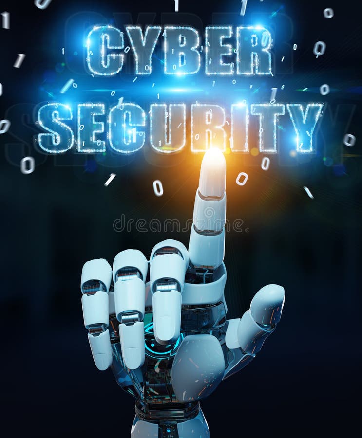 White Humanoid Hand Using Cyber Security Text Hologram 3D Render Stock ...