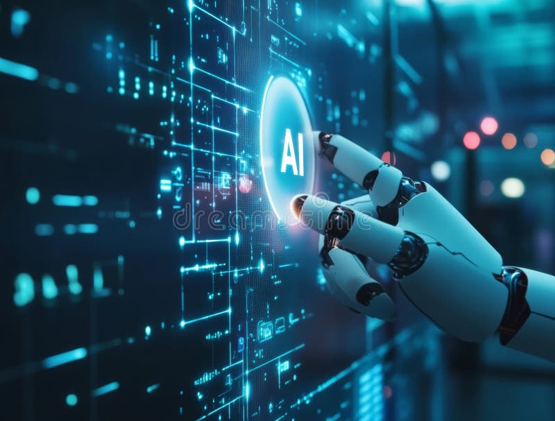 White Humanoid Hand Using Digital AI Icon Hologram. Stock Illustration ...