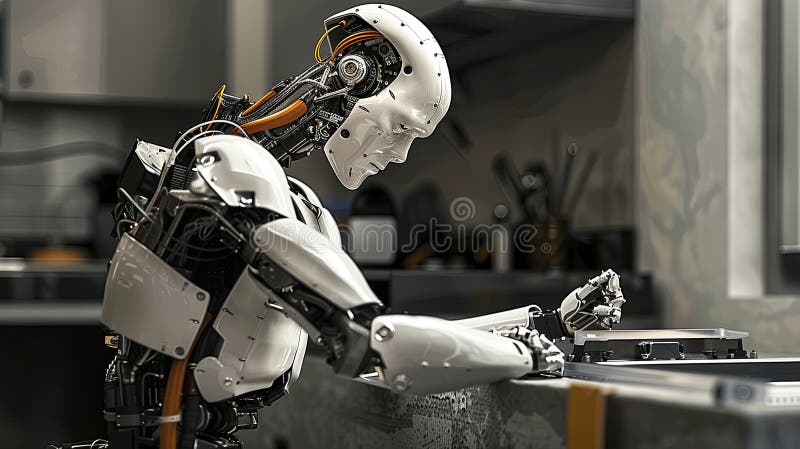 Advanced Humanoid Android Robot Working at a Computer in a Modern ...