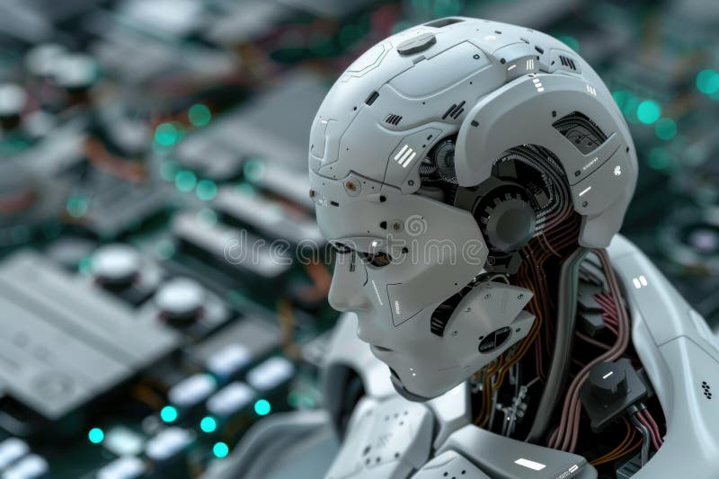 White Humanoid Robot Analyzing Data on Motherboard Stock Photo - Image ...